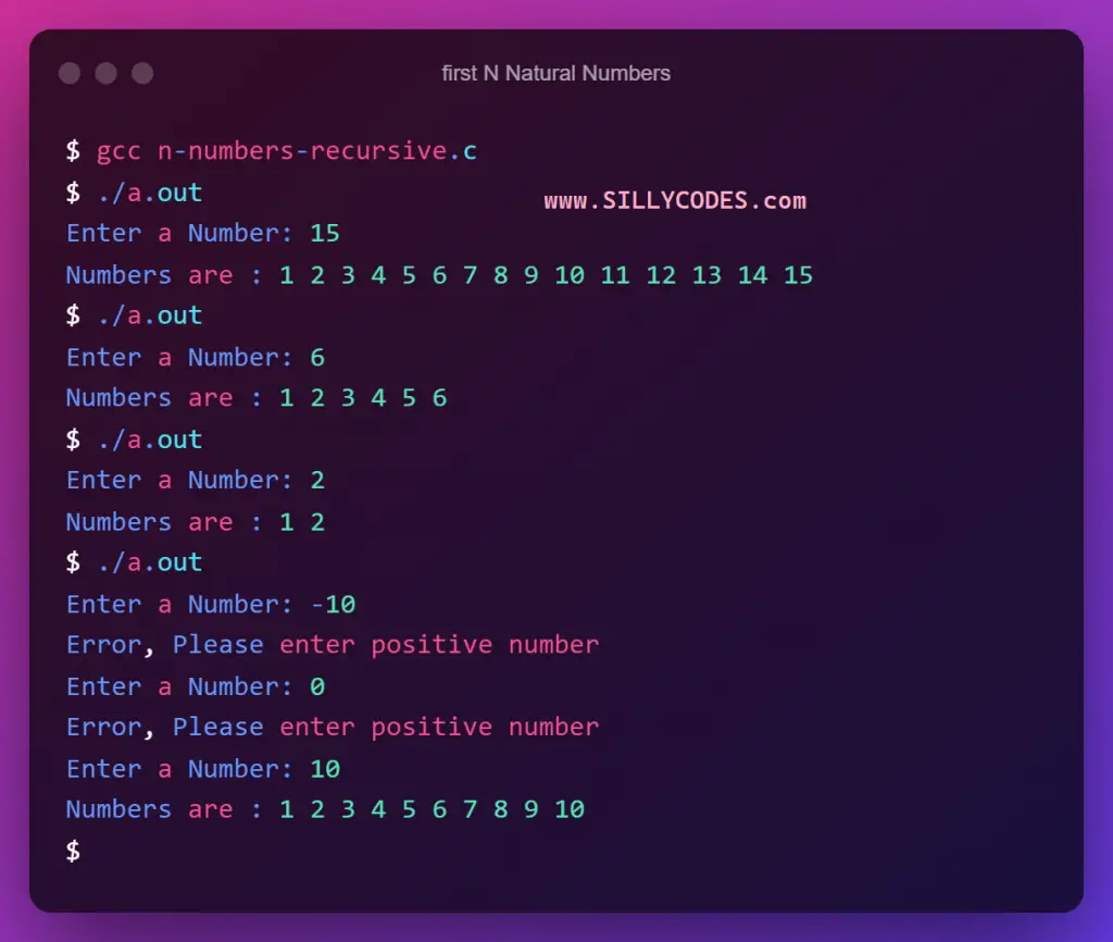 Program To Print First N Natural Numbers Using Recursion In C