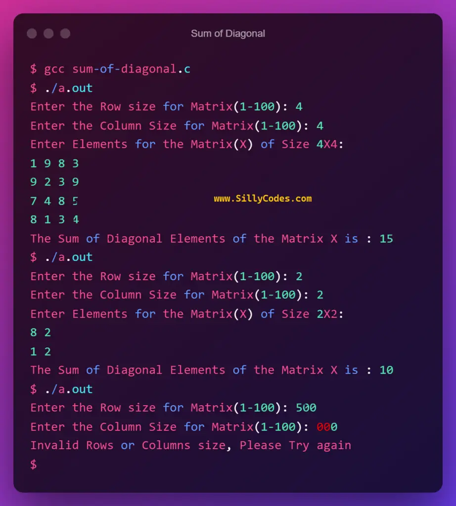 Sum Of Diagonal Elements Of Matrix In C Language SillyCodes
