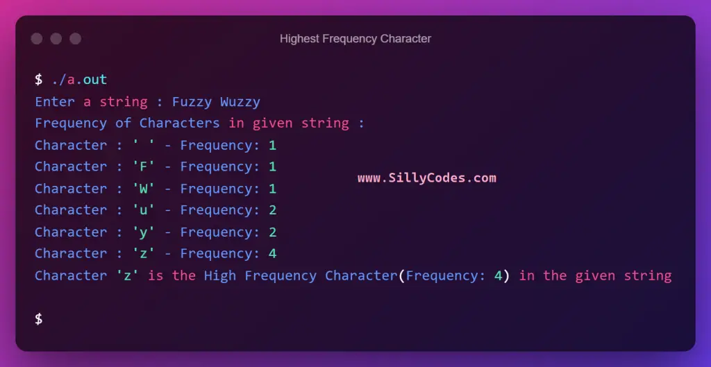 Find Highest Frequency Character In A String In C Language